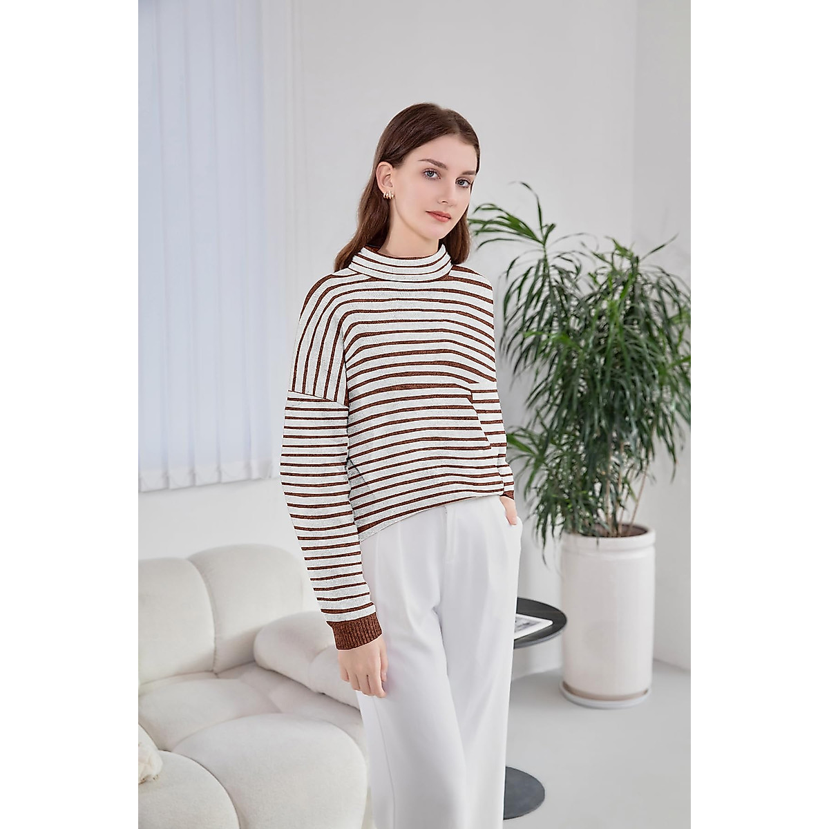 Women's Turtleneck Long Sleeve Striped Oversized Ribbed Knit Pullover Sweater Tops