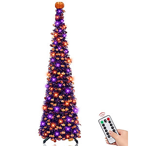 [ Orange & Purple Lights ] 5 Ft Halloween Black Christmas Tree Timer DIY 50 Lights Battery Operated Pumpkin Top Sequin Tinsel Artificial Pop Up Pencil Scary Halloween Decoration Home Indoor Outdoor