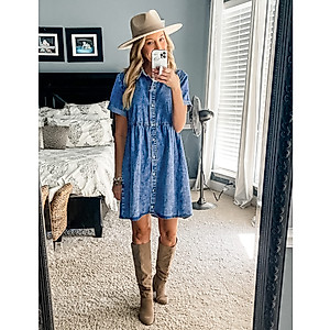 LookbookStore Denim Dress Womens Denim Babydoll Dress Short Sleeve Oversized Dress Lapel Collared Casual Dress for Women Summer Reef Blue Size L Babydoll Jean Dress Size 12, 14