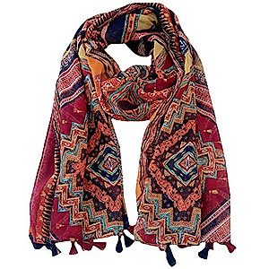 Van Caro Women Scarf Shawl for All Season Bohemian Paisley Tassel Beach Sun Protection Wrap Colorful Rhombus