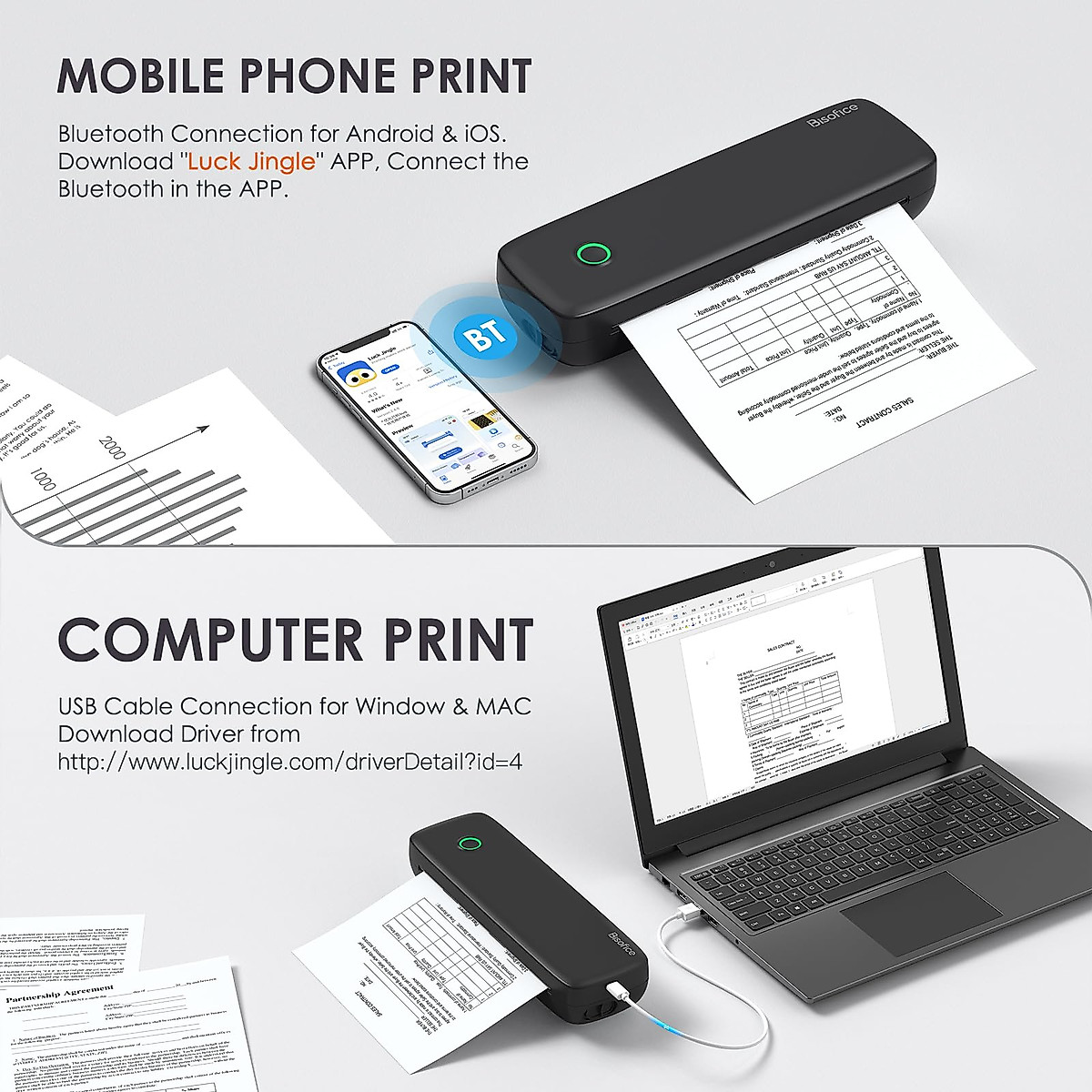 Bisofice A4 Portable Thermal Printer Wireless&USB 2"/3"/4"/8"/8.5" US Letter for Office School, with a Roll Paper Compatible with Win/Mac System Inkless Printing PDF File Webpage Documents (Black)