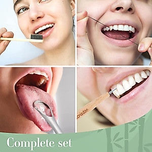 Bamboo Toothbrushes Set - Holder Charcoal Dental Floss,Interdental Brushes and Metal Tongue Scraper