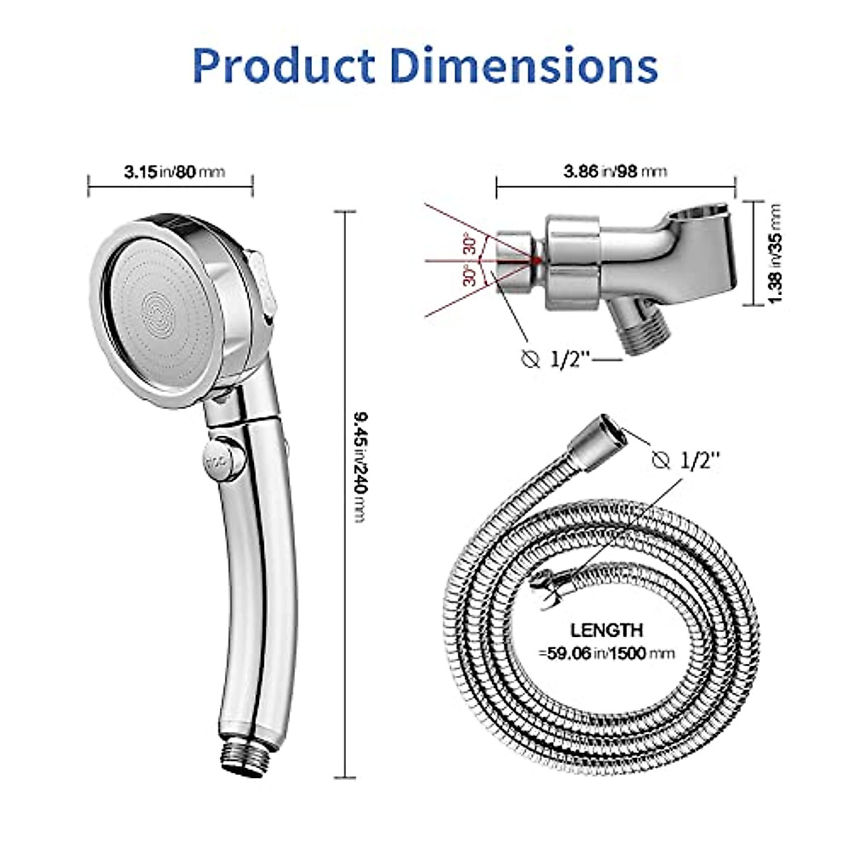 SINGSUO High Pressure Handheld Shower Head with On Off Switch, Detachable Shower Head, 3 Spray Modes Shower Massager Handheld with Hose and Adjustable Angle Bracket (Chrome)