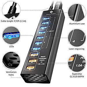 SmartDelux Powered USB Hub - USB 3.0 Ports Hub with 3 Smart Charging Ports, Power Adapter, Long Cord, LEDs (10-Port USB Hub)
