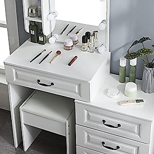 Buildonely Hollywood Vanity Table with Dimmable Switch, Dressing Table Set with Lighted Mirror and Cushioned Chair. Large Storage Capacity White Vanity Set 3 Color Setting for Makeup
