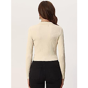 Allegra K V Neck Crop Knit Sweater Tops for Women's Ribbed Casual Long Sleeve Solid Top Medium Beige