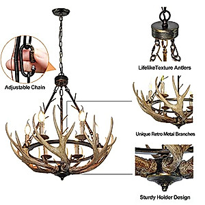 Antler Chandelier Lighting with 6 Lights, Resin Deer Antler Chandelier Light Fixtures Rustic Style for Living Room, Dining Room, Hallway