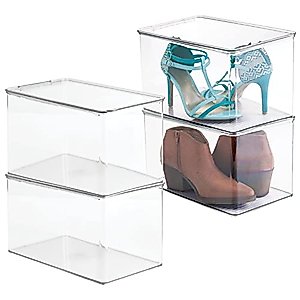 mDesign Stackable Plastic Closet Storage Container Bin Box with Hinge Lid for Organizing Shoes, Booties, Pumps, Sandals, Wedges, Flats, Heels - Lumiere Collection - 4 Pack - Clear