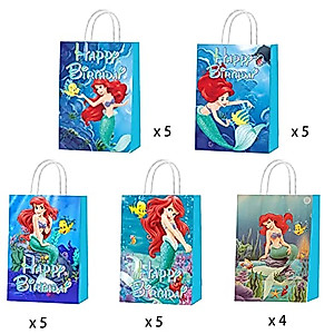 24 Pieces Little Mermaid Party Paper Gift Bags, 5 Pattern Party Gift Bags, Birthday Party Decorations,