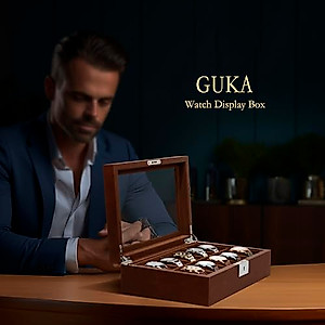 GUKA Watch Box, Luxury 10 Slot Watch Case with 55MM Wide Velvet Pillows, Watch Organizer Storage with Real Glass Lid, Watch Display Case for Men and Women Gift, Brown