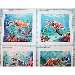 4 Piece 6"x6" Sea Turtles Fabric Panel Squares - Quilting Sewing Blocks