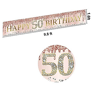 Happy 50th Birthday Banner Decorations for Women, Pink Rose Gold 50 Birthday Sign Party Supplies, Large Fifty Year Old Birthday Door Cover Banner Decor