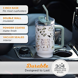Christian Art Gifts Extra Large Stainless Steel Double Wall Vacuum Insulated Travel Tumbler for Women: Be Still Inspirational Scripture, Lid, Reusable Straw, Wide Handle, White & Teal Floral, 40 oz.
