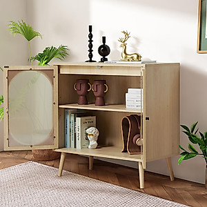 PHOYAL Sideboard Buffet Cabinet, Modern Sideboard Cabinet Accent Storage Cabinet with 2 Doors and Adjustable Shelves Storage Cabinet for Kitchen, Living Room, Hallway, Natural X 2