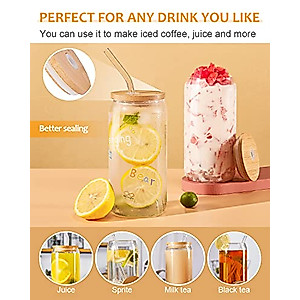 YSJILIDE Glass Cups with Bamboo Lids and Glass Straws 4 Set, 16oz Can Shaped Drinking Glass Cups, Iced Coffee Cup, beer glasses Ideal for cocktails, whisky, juice, DIY, Gifts - 2 Cleaning Brushes