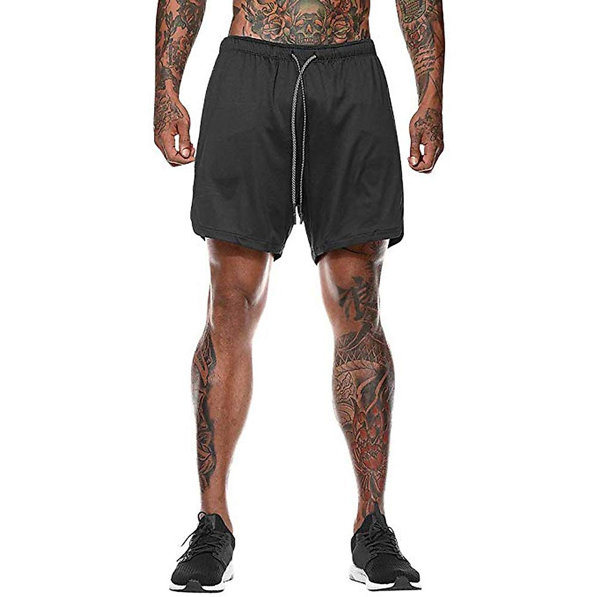 HANERDUN Men 2 in 1 Workout Running Athletic Shorts Sport Pants with Pocket Black