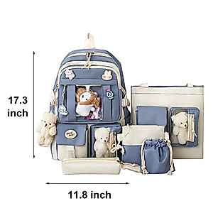 AONUOWE Kawaii Backpack with Cute Pins and Pendants 5Pcs Set Preppy Rucksack for Teen Girls School Bag Aesthetic Backpack (Blue)