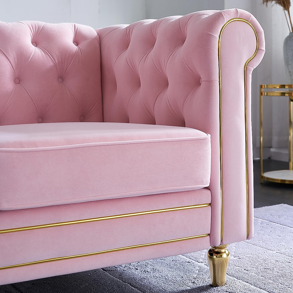 Homtique 84" Modern Sofa Couch for Living Room, 3 Seater Couch Comfy Velvet Sofa Button Tufted Rolled Arms and Gold Legs, Chesterfield Sofa for Home Studio/Office, Bedroom, Pink