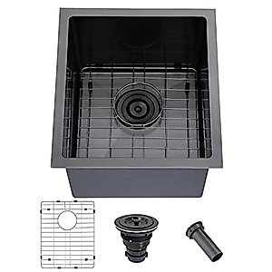 Comllen 15 x 17 inch Black Bar Sink Undermount，Black Stainless Steel Wet Bar Prep Sink Small Kitchen Sink Single Bowl RV Sink with Bottom Grid and Strainer-KYL001B