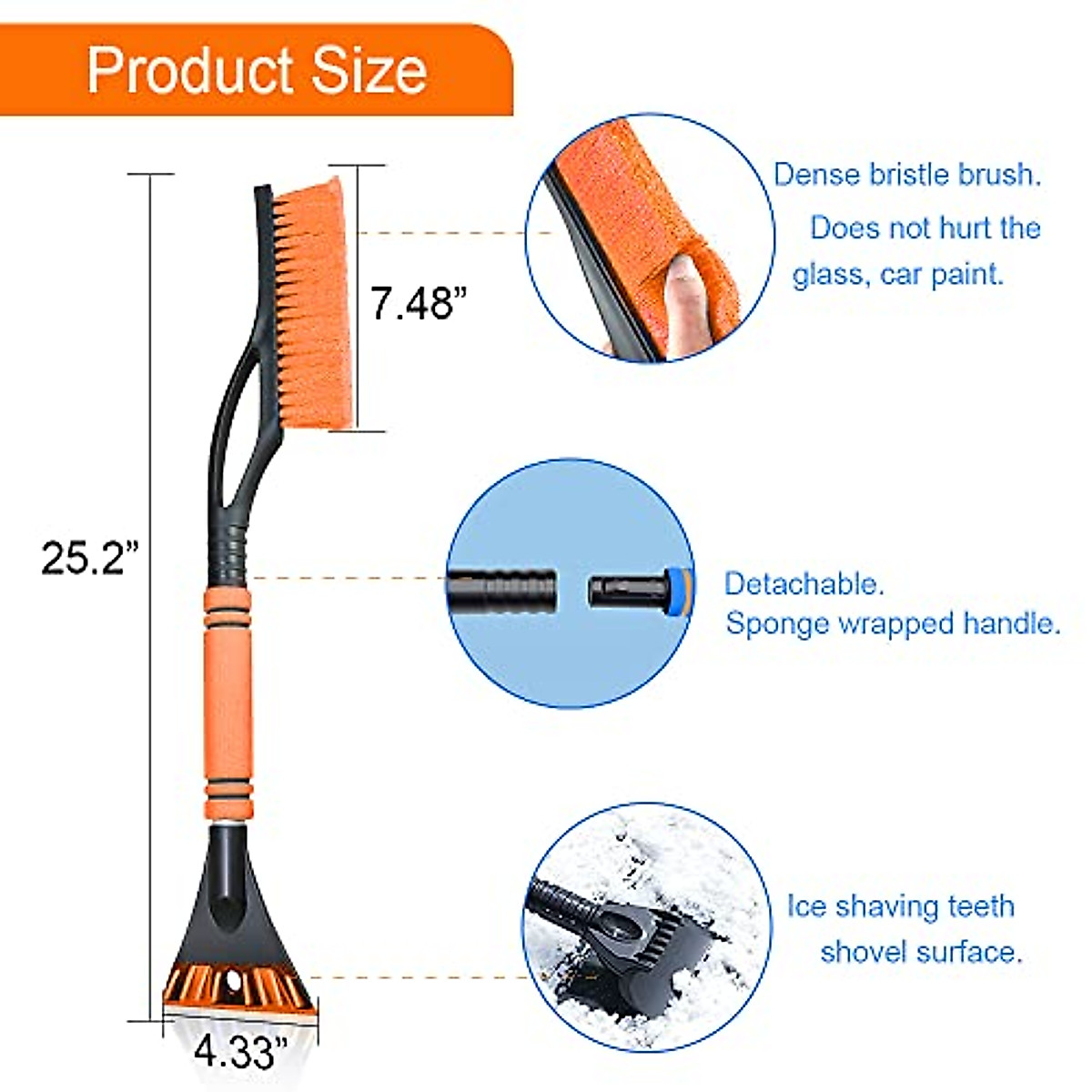 Snow Brush and Detachable Ice Scraper, Ice Scraper and Extendable Snow Brush with Ergonomic Foam Grip, Car Exterior Accessories Fit for Cars, Trucks, SUVs, Ice Scrapers for Car Windshield (Orange)
