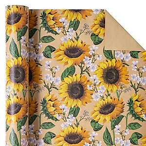 WRAPAHOLIC Kraft Floral Wrapping Paper Roll - Mini Roll - 17 Inch x 33 Feet - Sunflower Design, Perfect for Birthday, Baby Shower, Party, Holiday