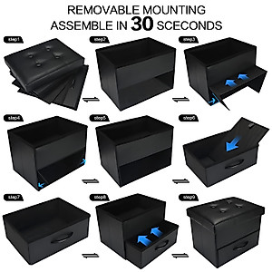 AmasSmile® Storage Ottoman Foot Rest Stool, 16 inch Leather Folding Footstool Bench, Short Ottoman Bench, Storage Foot Rest Store, Books,Records Support 220 lbs, Black