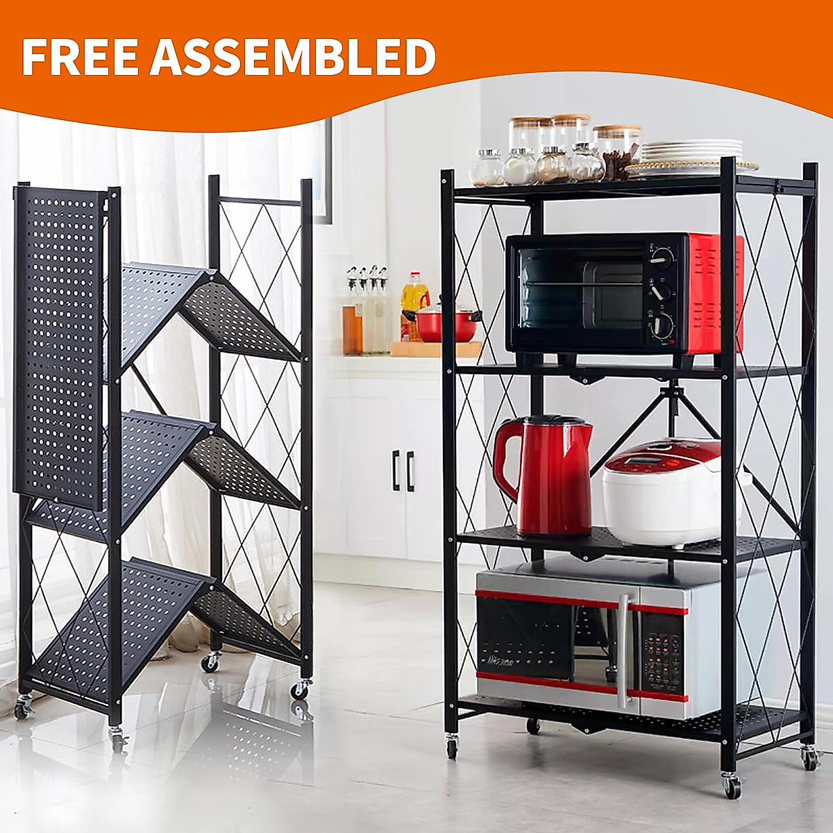 HPONQIONE 5-Tier Heavy Duty Foldable Metal Rack Storage Shelving Units 28" W x 14" D x 65" H for Kitchen Bakers Closet, Metal Wire,with Wheels Moving Easily