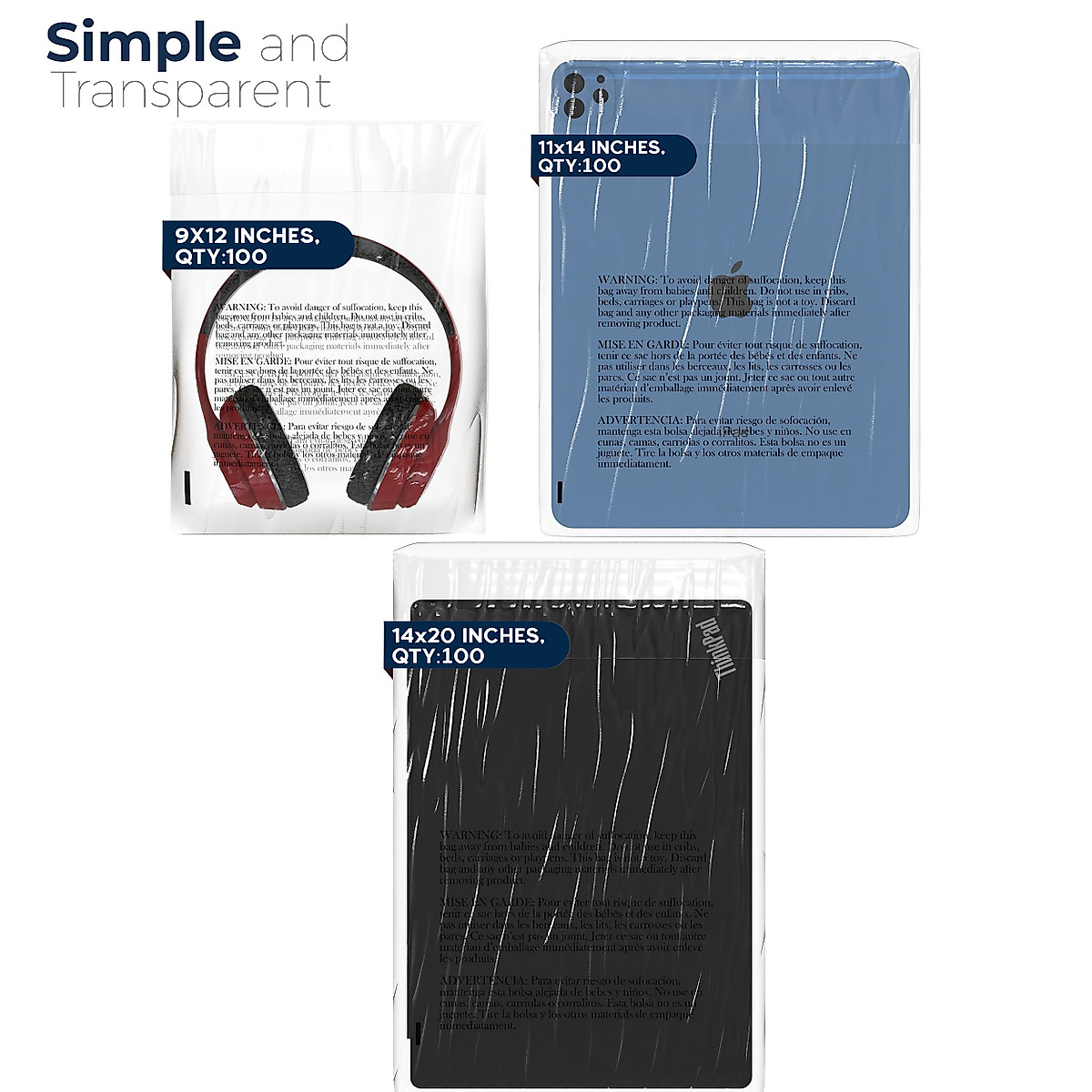 Poly Bags with Suffocation Warning 9x12", 11x14", 14x20" - Large Combo Pack of 300 (100 each size) - Clear Poly Bags by Retail Supply Co - Extra Strong Seal