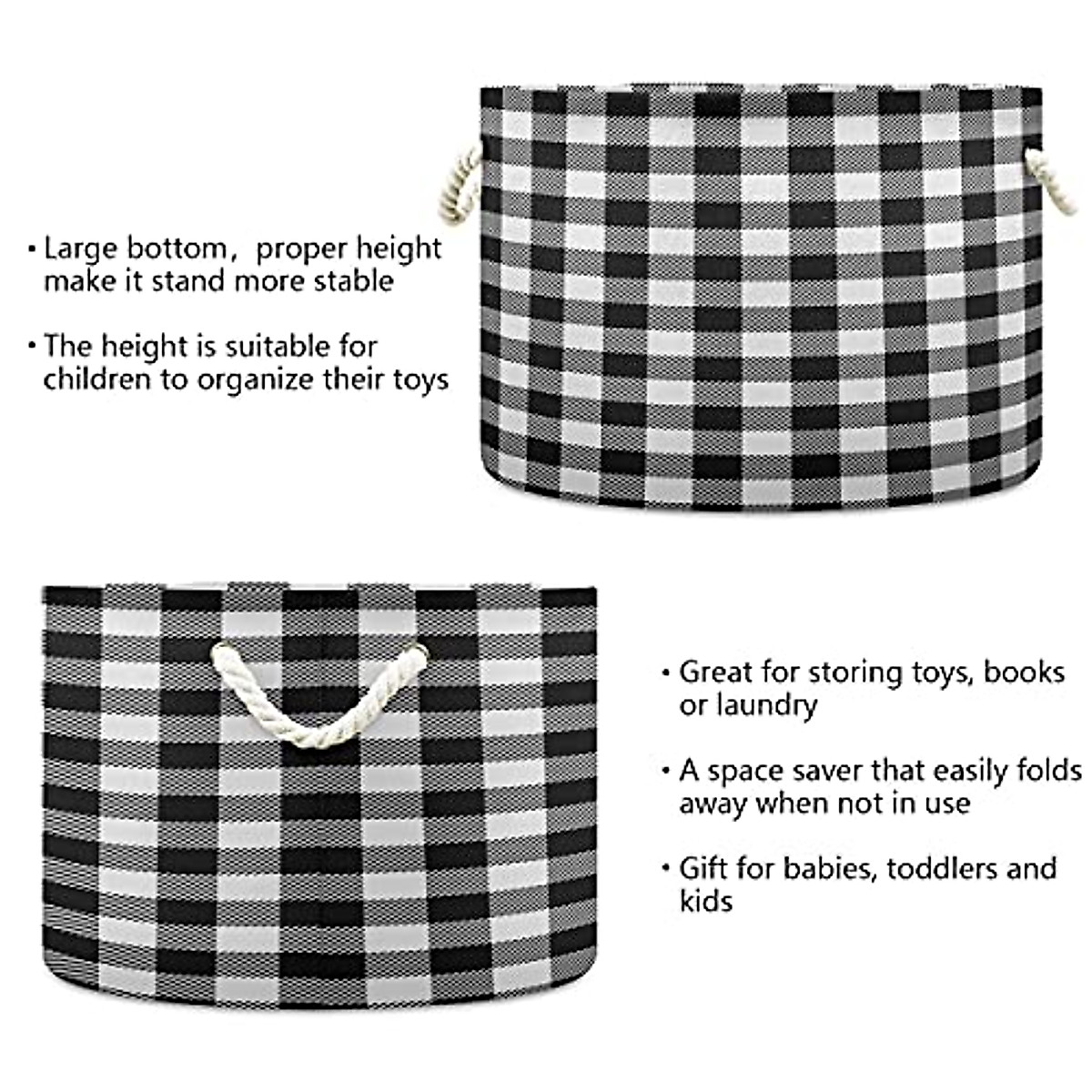 WELLDAY Cotton Rope Basket Buffalo Plaid Baby Laundry Basket for Blankets Toys Storage Basket