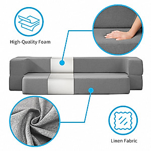 Mjkone 8.6 Inches Floor Sofa Bed Queen Size, Convertible Folding Sofa Bed, Sleeper Couch Bed with Memory Foam Mattress, Guest Bed for Living Room/Bedroom/Guest Room/Home Office (Light Grey)