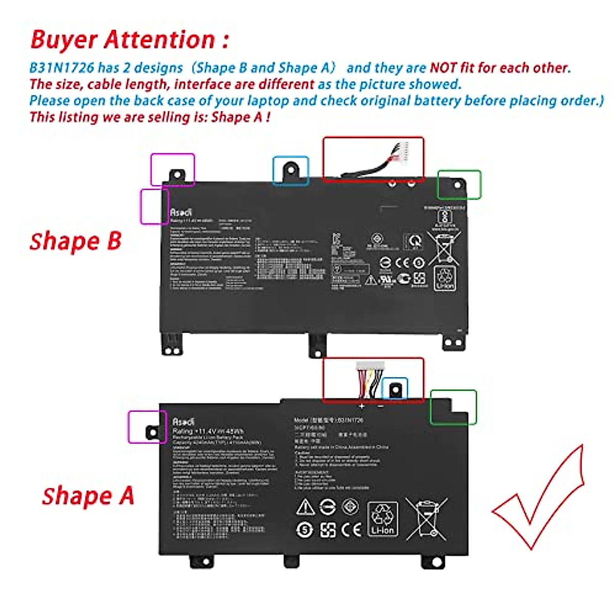 ASODI B31N1726 48Wh Laptop Battery Replacement for Asus FX80 FX86 TUF FX504 FX504GE FX504GM FX505 FX505DT FX505DY FX505GE FX505GD FX505GM A15 FA506IU A17 FA706II B31BNEH B31BN91 A41LK9H (Shape-A)