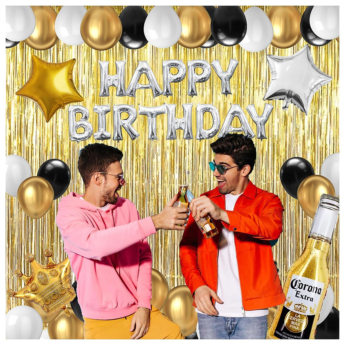 Golden Birthday Decorations Kit for Women 66 Pieces, Happy Birthday Banner, Fringe Curtains, Foil Balloons for 13th 16th 20th 21st 30th 35th 50th 60th Girls Boys Party Supplies