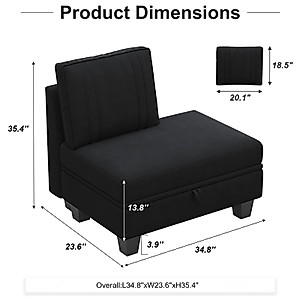 Belffin Velvet Convertible Storage Chaise Ottoman with Back Side for Velvet Sectional Sofa Black