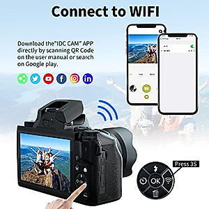 VJIANGER Digital Camera 4K Vlogging Camera 64MP Mirrorless Cameras for Photography with Dual Camera, WiFi, 52mm Fixed Lens, 4.0" Touch Screen, 32GB SD Card & Camera Bag(W05-Black2)