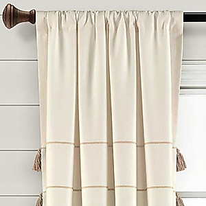 Lush Decor Farmhouse Boho Stripe Woven Tassel Yarn Dyed Cotton Window Curtain Panel Pair, 84" L x 42" W, Ivory & Wheat