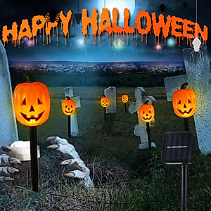 Retisee 10 Pcs Halloween Pumpkin Pathway Markers Lights Solar Powered Pathway String Lights Light up Jack O Lantern Pumpkin Garden Stakes for Yard Lawn Tree Patio Walkway Driveway Party Decor