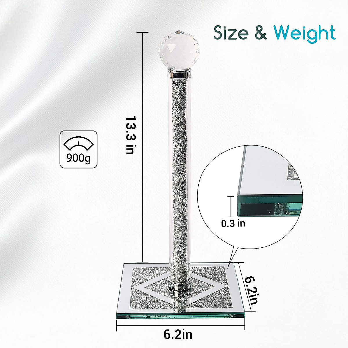 Crystal Paper Towel Holder, 13.3 x 6.3in Countertop Standing Paper Towel Roll Dispenser with Cube Base, Filled with Sparkly Crystal Crushed Diamonds for Home Decor Kitchen Bathroom-Silver