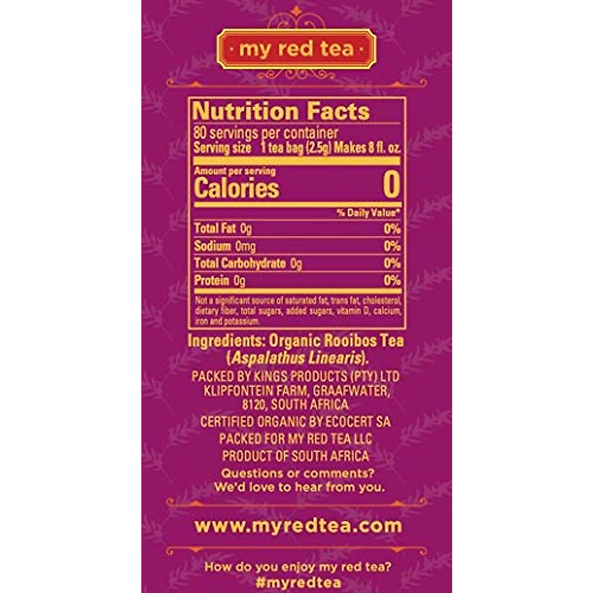 Rooibos Tea, USDA Certified Organic Tea, MY RED TEA. Tagless South African, 100% Pure, Single Origin, Natural, Farmer Friendly, GMO and Caffeine Free (80)