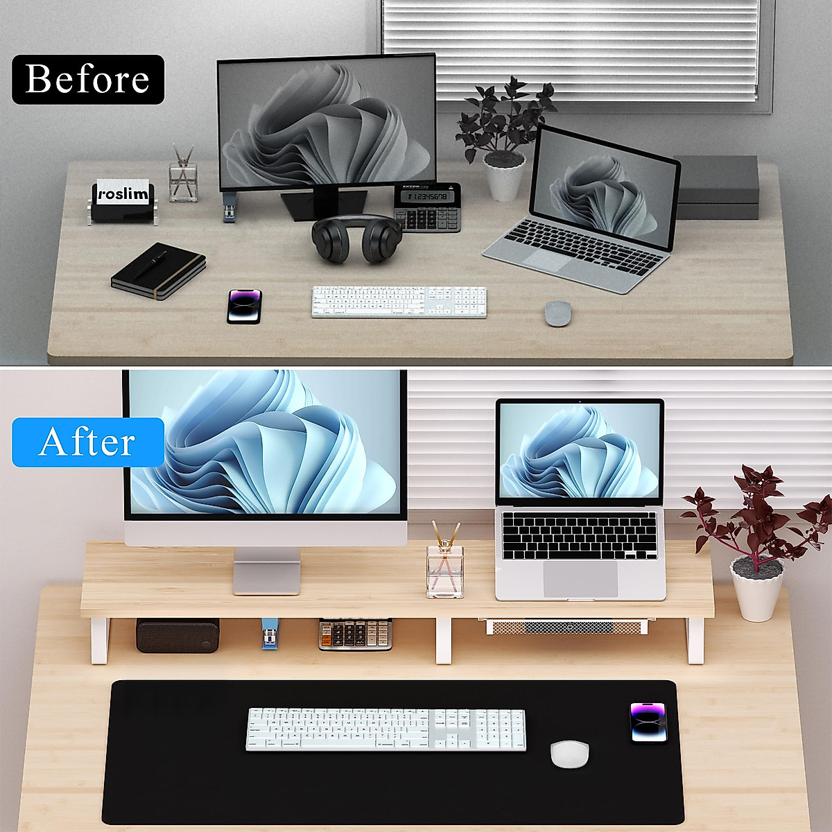 Large Dual Monitor Stand Riser - Monitor Stand for 2 Monitors, Wooden Computer Stand For Desk with Metal Legs, Desk Organizers and Storage With Drawer, Desk Shelf for Computer/Laptop/Printer/TV, Oak