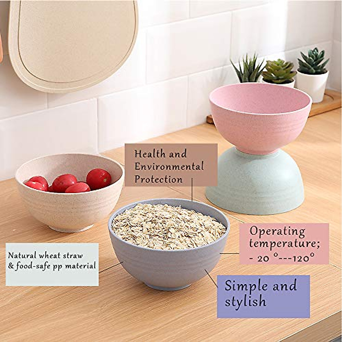 Lnrkai 5 PCS Cereal Bowls Pasta Bowls, 24 OZ Unbreakable Wheat Straw Bowls Lightweight Durable Snack Bowls Dishwasher & Microwave Safe Bowls for Adult, Rice, Soup (Pink)