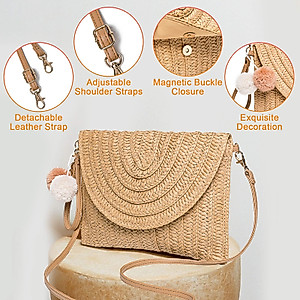 Kadell Straw Shoulder Bag, Women Straw Envelope Clutch Purse, Chic Handmade Straw Crossbody Bag, for Summer Beach (Brown-with pompoms)