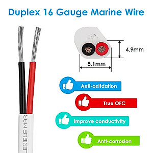 Kimbluth 16 Gauge Duplex Marine Wire Tinned Copper Boat Cable, 50ft 16 AWG Standard USA OFC Oxygen Free Copper Wire for Automotive Boat Speakers Solar Outdoors