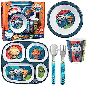 Octonauts 5 Pcs Mealtime Divided Plate Feeding Set for Kids & Toddlers-Explorer- Includes Multi-Compartment Plate, Bowl, Cup, Fork & Spoon Utensils-Durable, Dishwasher Safe, BPA Free
