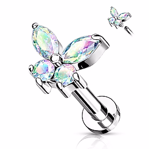 Amelia Fashion 16 Gauge CZ Butterfly Top on Internally Threaded 316L Surgical Steel Flat Back Studs for Labret, Monroe, Cartilage and More (8MM) (Choose Color) (Aurora Borealis)