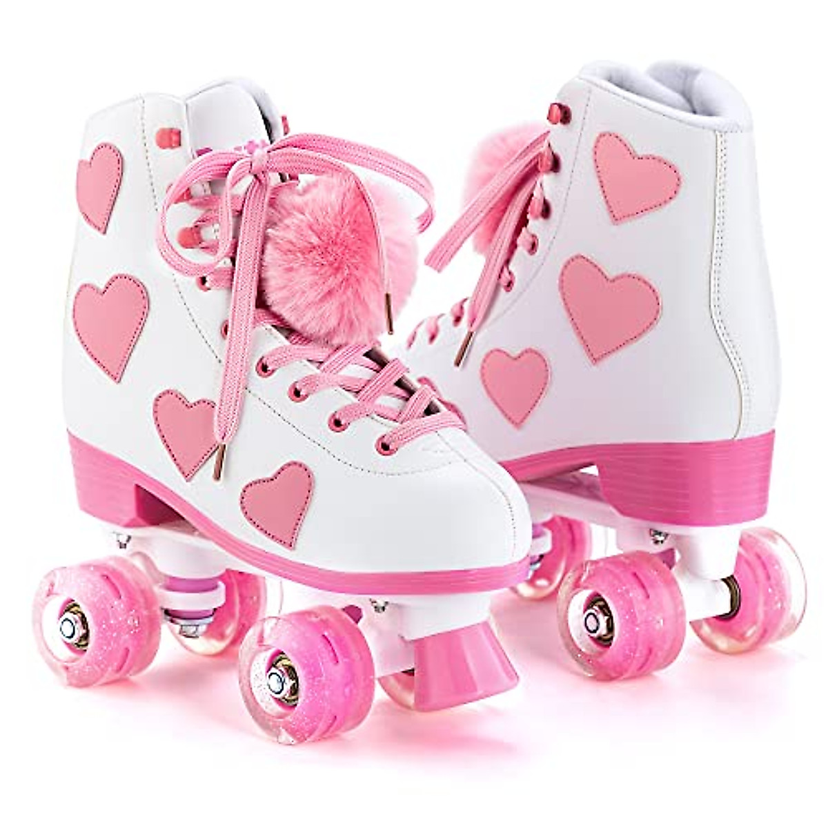 Ruthfot Women's and Girl's Classic Roller Skates with Light up Wheels and Love Heart Pattern, High-top PU Leather Rollerskates