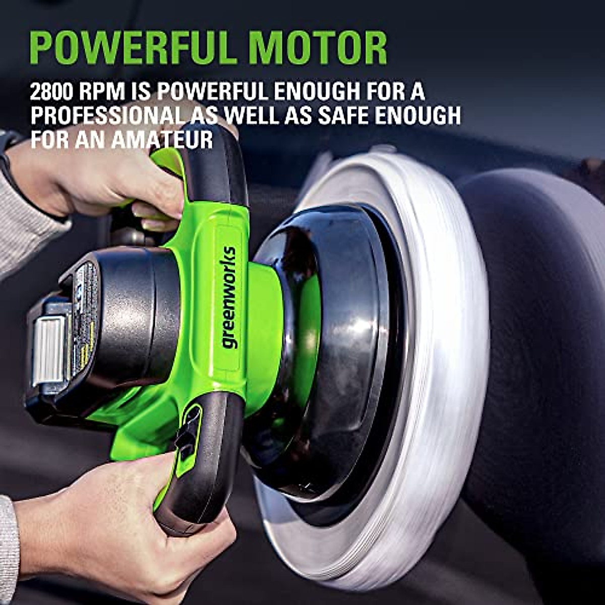 Greenworks 24V Powerful 10" Cordless Orbital Buffer, 10-inch pad 2800 RPM waxing machine with 4 Buffing Bonnets, 2.0Ah USB (Power Bank) Battery & 2A Charger included