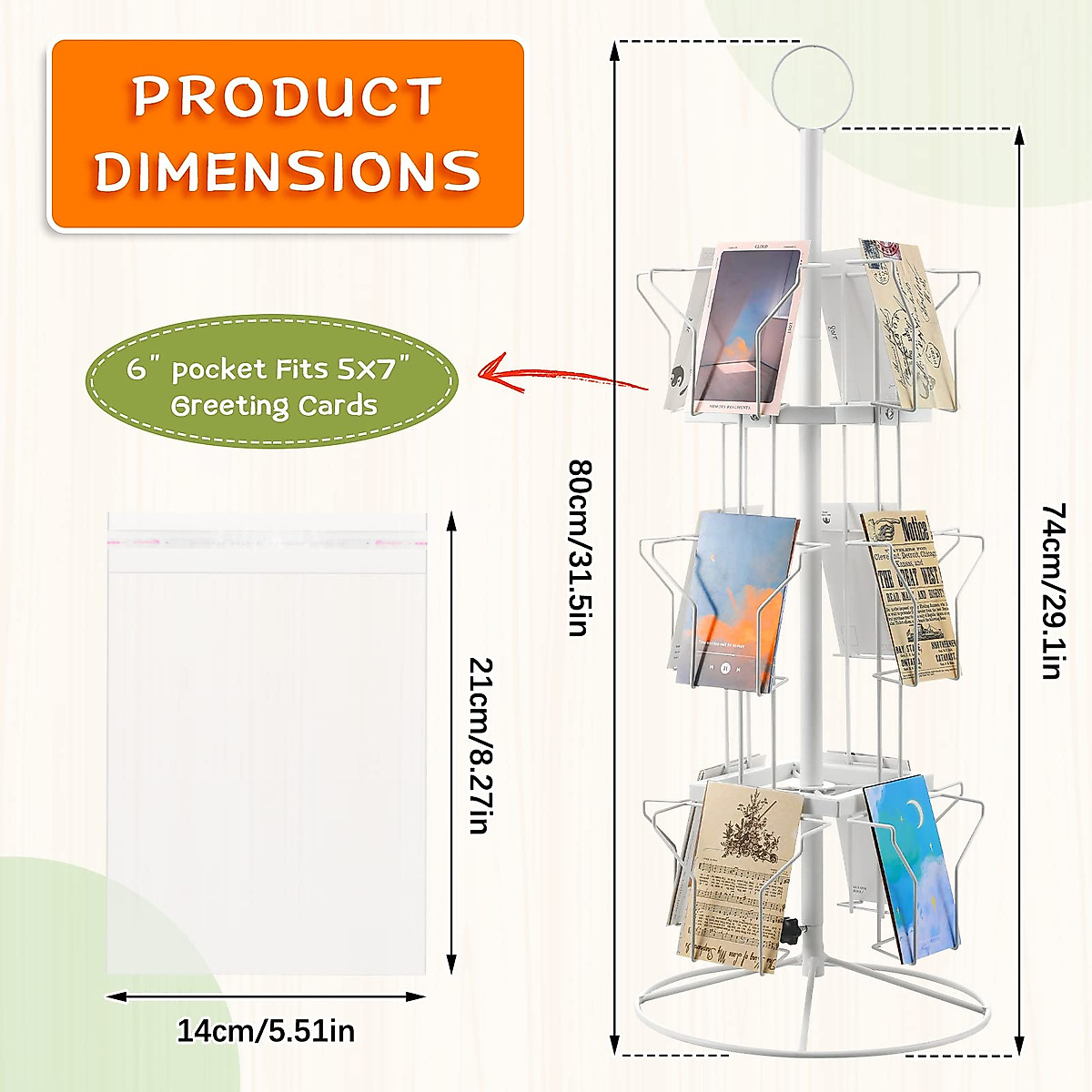12 Pockets Countertop Rotating Greeting Card Rack with 200 Clear Resealable Polypropylene Bags 3 Tier Metal Display Stand Spinning Floor Stand Pocket Rotating Holder for Stickers Showcase (White)