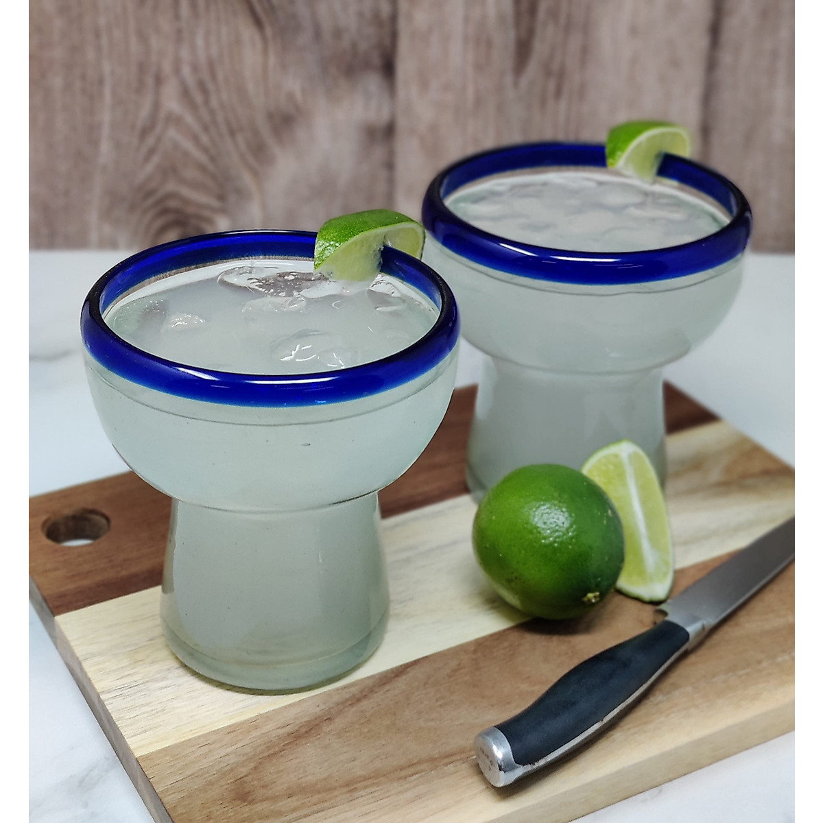 Dos Sueños Mexican Hand Blown Glass – Set of 4 Hand Blown Stemless Blue Rim Margarita Glasses (14oz)