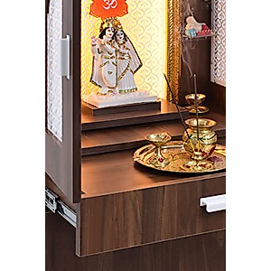 The Mandir Store Wooden Mandir with Doors Led Lights Storage Cabinet in Walnut Colour