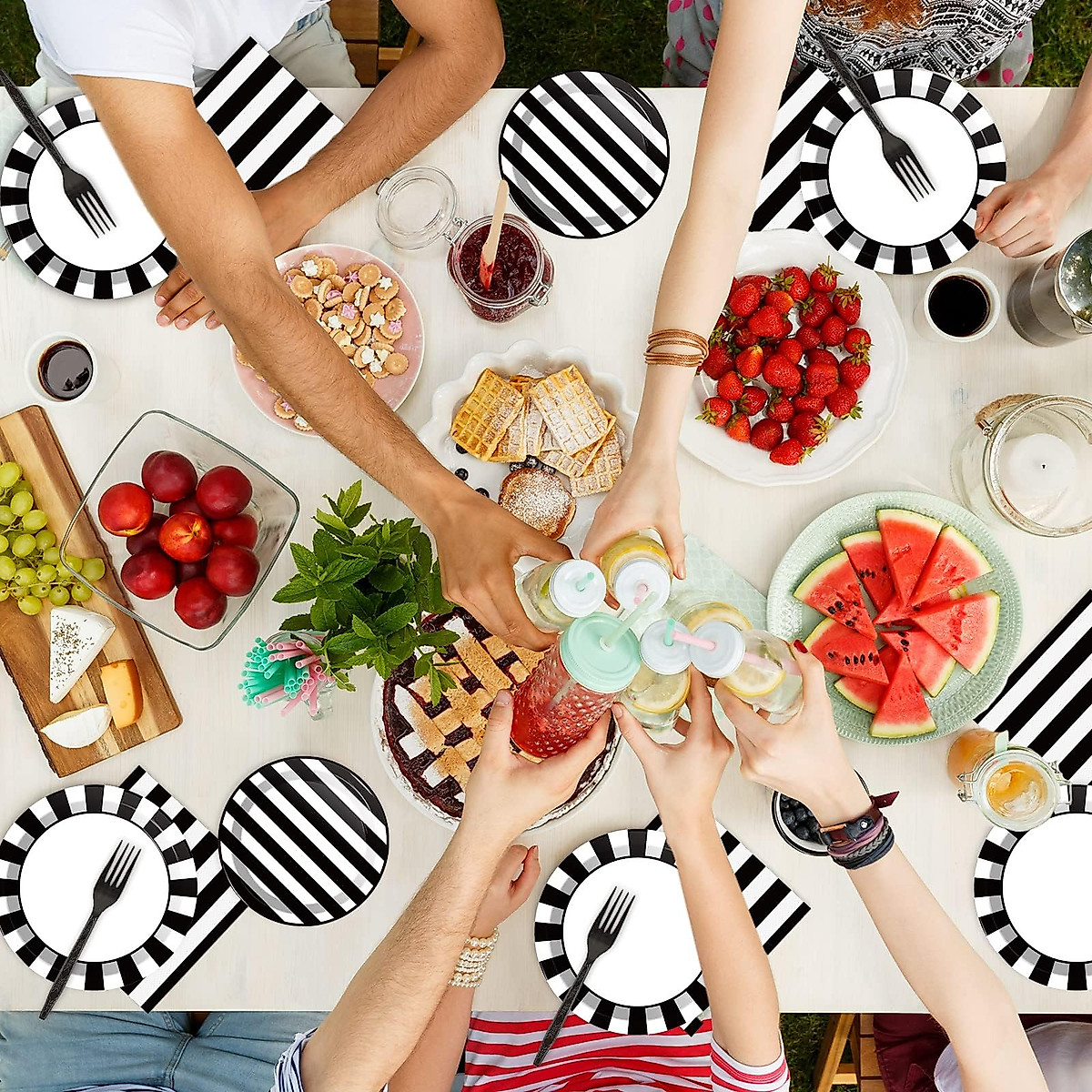Black and White Party Tableware Set Striped Disposable Dinnerware Black and White Theme Party Decorations Happy Birthday Paper Plates Napkins Forks for Graduation Wedding Party Supplies 50 Guests